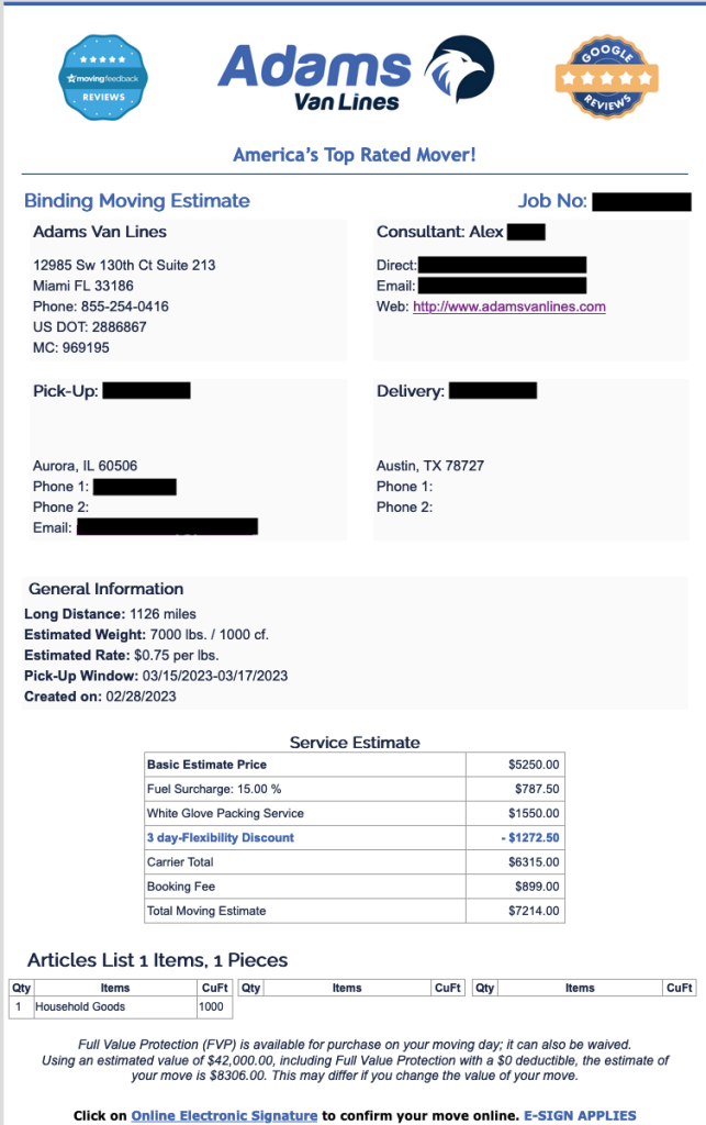 Adams Van Lines Reviews